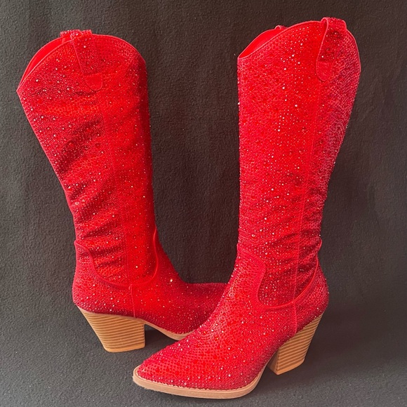 Forever 21 | Shoes | Forever River Ii Ruby Red Rhinestone Tall Cowboy ...